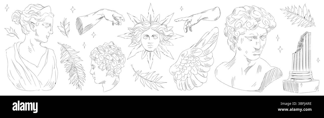 Ancient Greek statue sketch set - hand drawn doodle illustration of ...