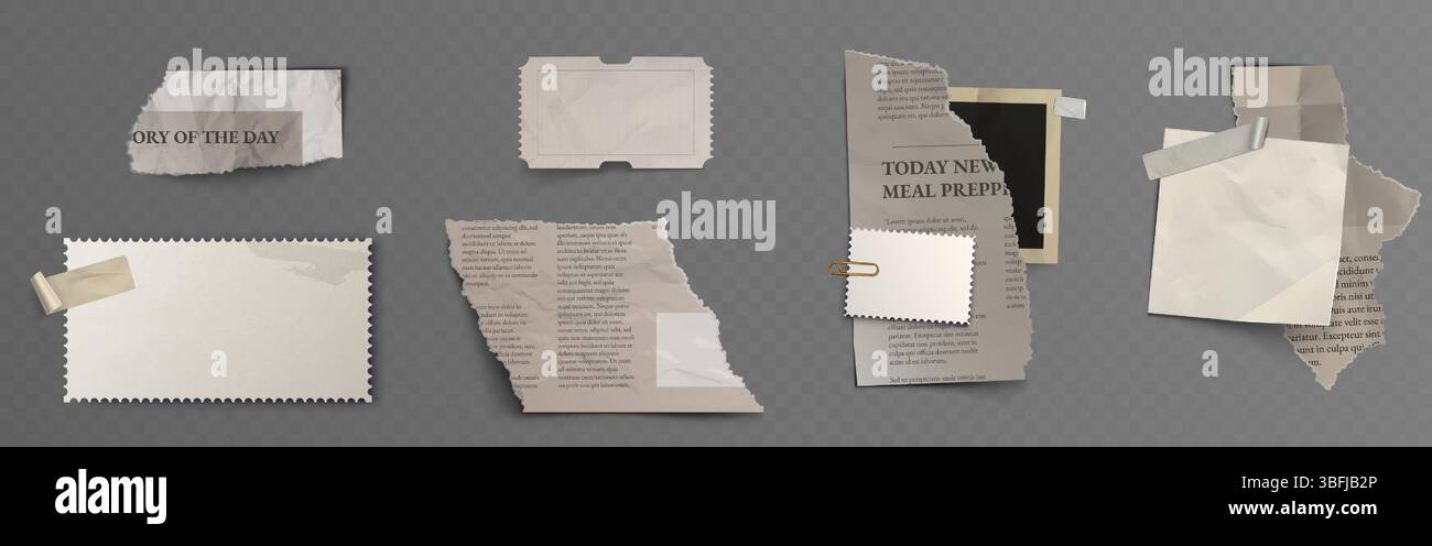 Torn paper elements set - various ripped rectangular shapes with ragged ...