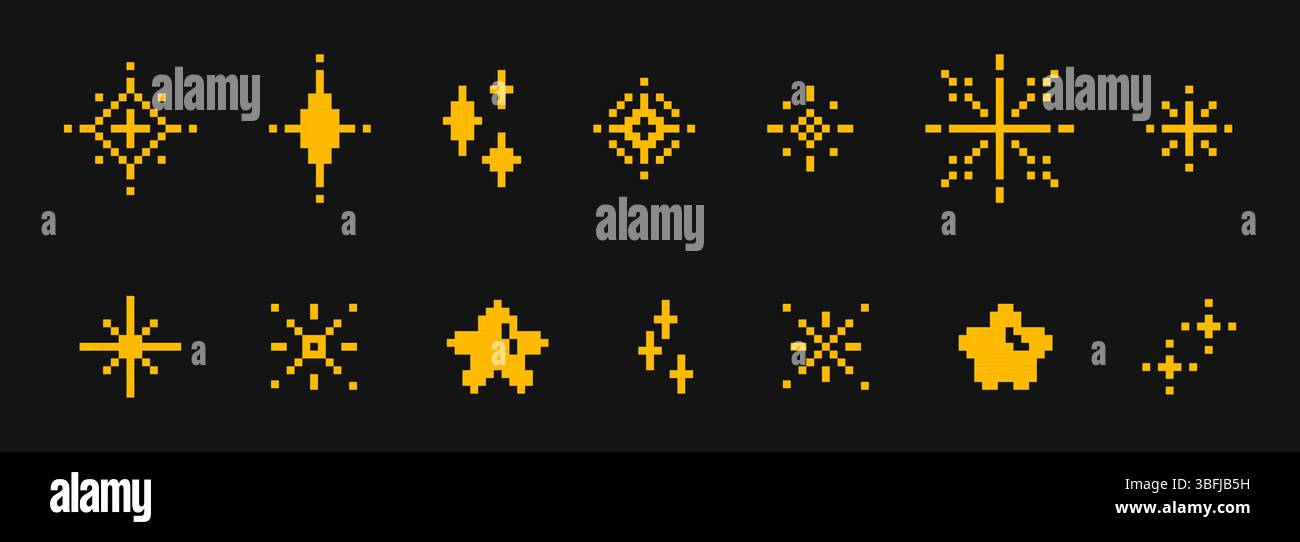 Pixel stars set - yellow geometric shapes in space. Retro 8 bit gaming ...