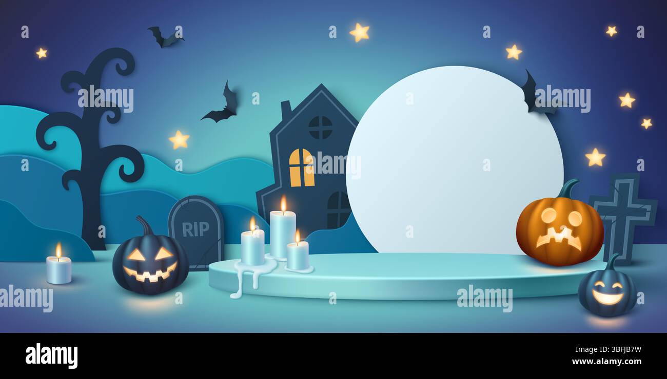 Spooky Halloween party podium scene with glowing jack-o-lanterns ...