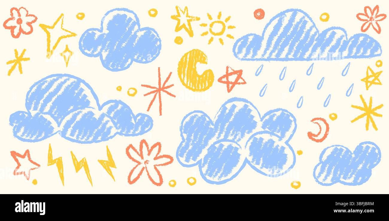 Colorful crayon doodles of clouds with raindrops and lightning bolts ...