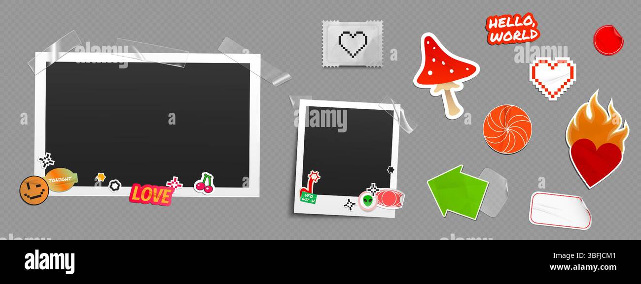 Y2k photo frames set with decorative sticker shapes, adhesive tape ...