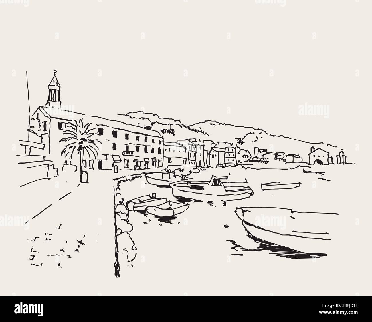 Vector hand drawn sketch illustration of Hvar, a island resort town in ...
