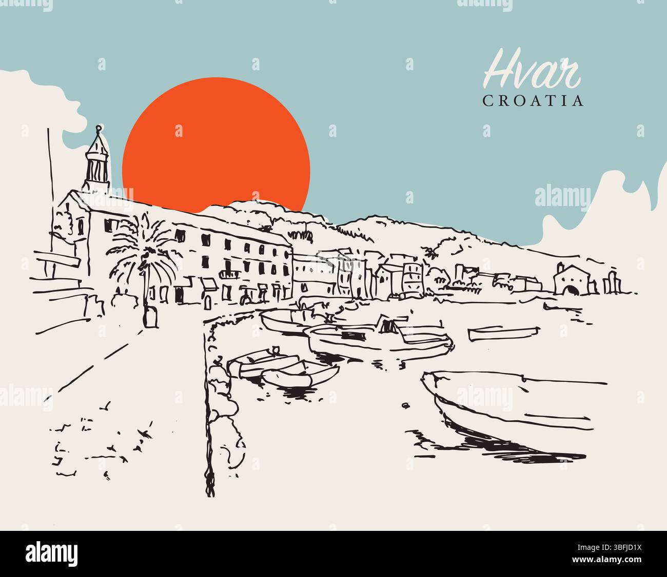 Vector hand drawn sketch illustration of Hvar, a island resort town in ...