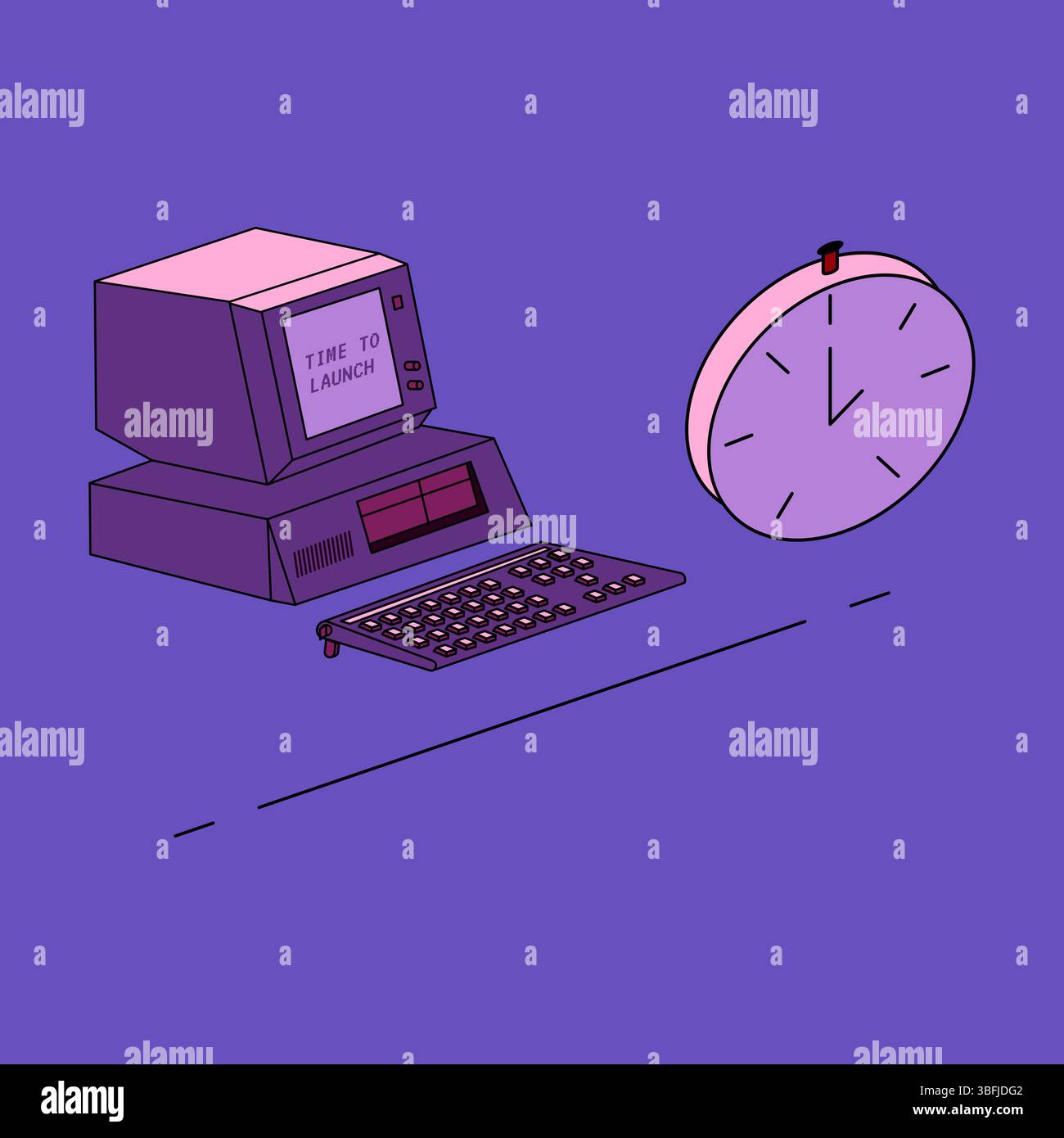 2D flat isometric illustration of a retro computer and keyboard with a ...