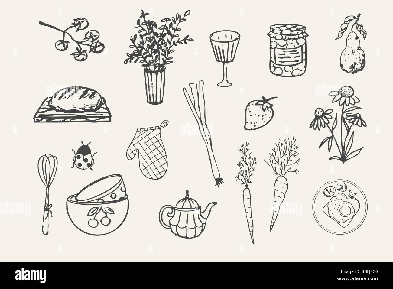 Cottagecore set cosy country rural things sketch. Retro cute whimsy ...