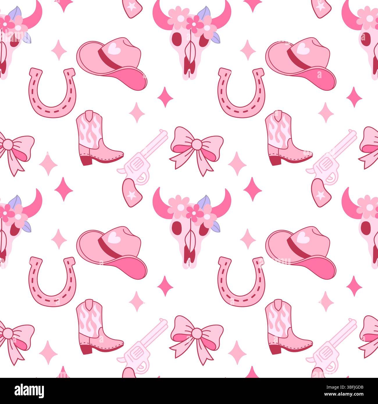 Seamless pattern with pink cow skulls, hats, boots, horseshoes, bows ...
