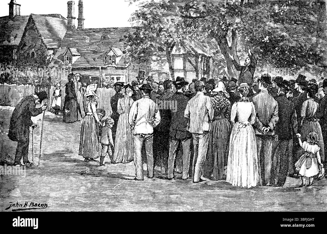 People gathered on village green to hear open air preacher, engraved ...