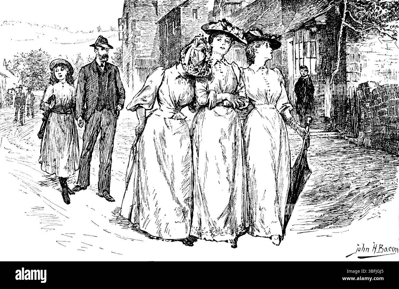 Victorian family returning from church, walking though street on way ...