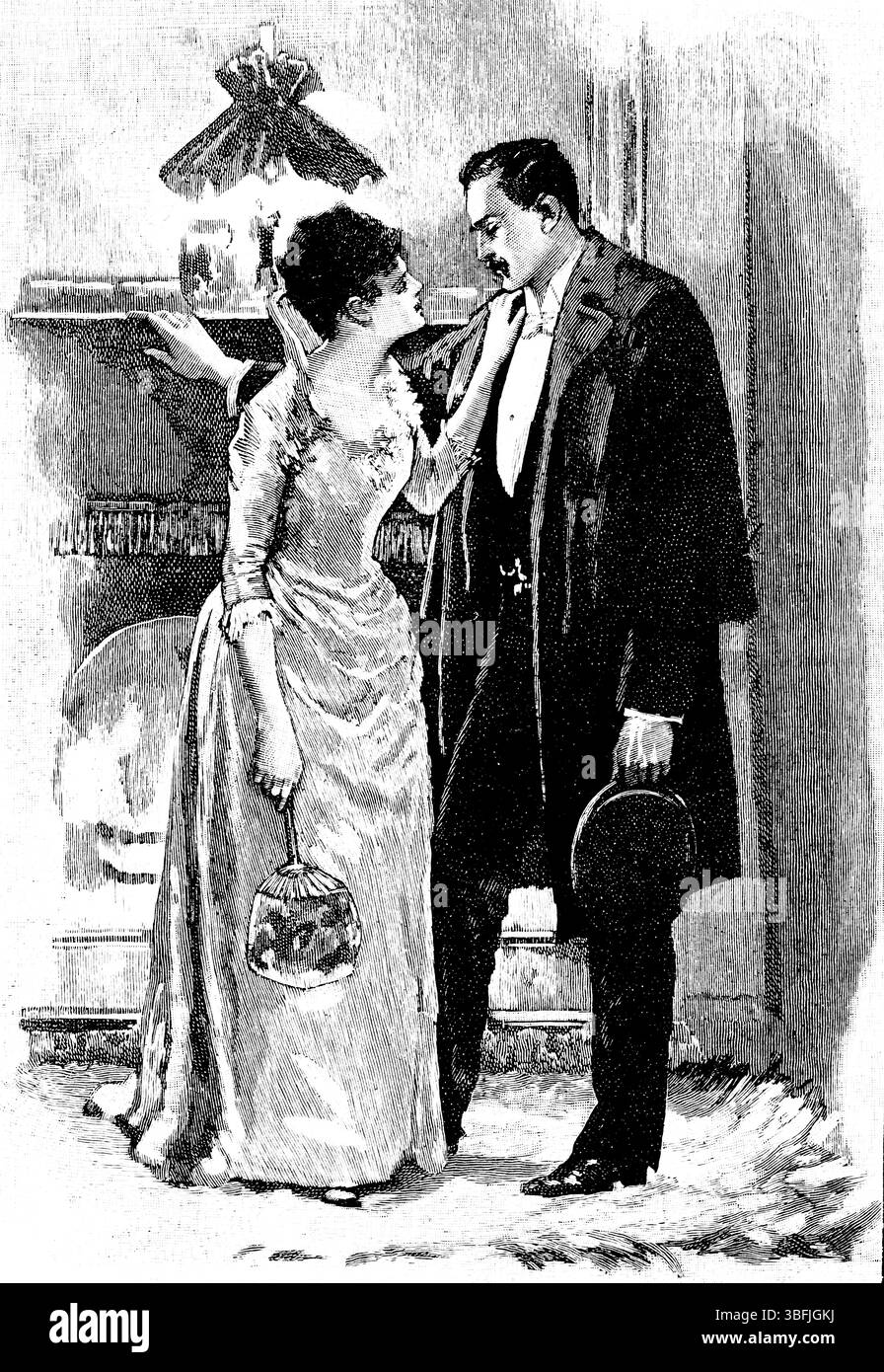 Victorian domestic scene, man in formal dress arriving with bad news ...