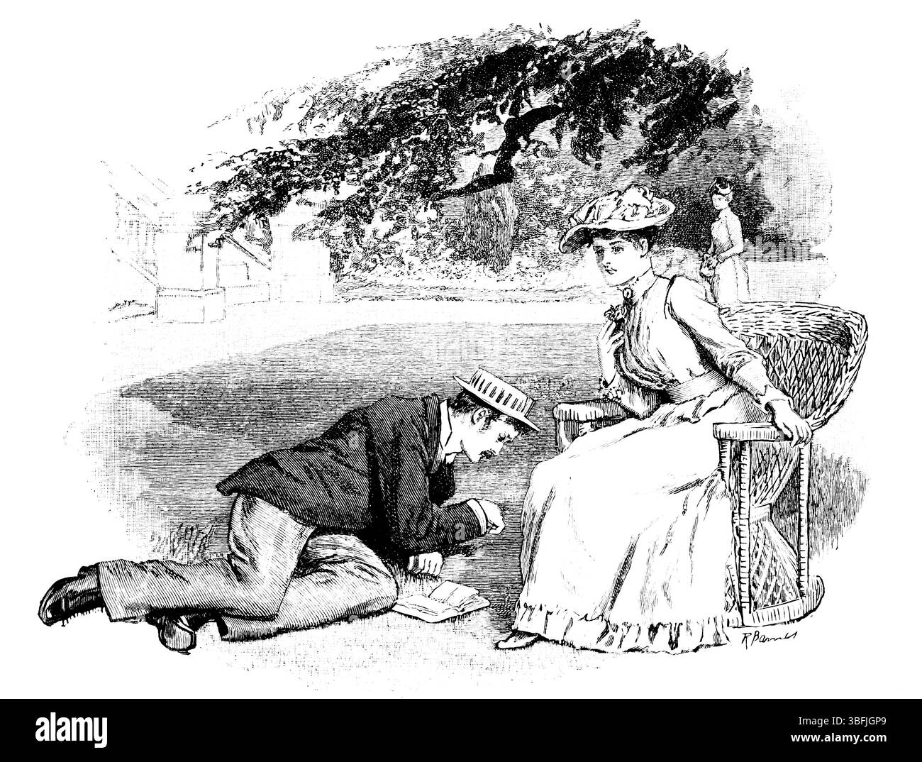 Victorian courting couple approached in garden by someone, engraved ...