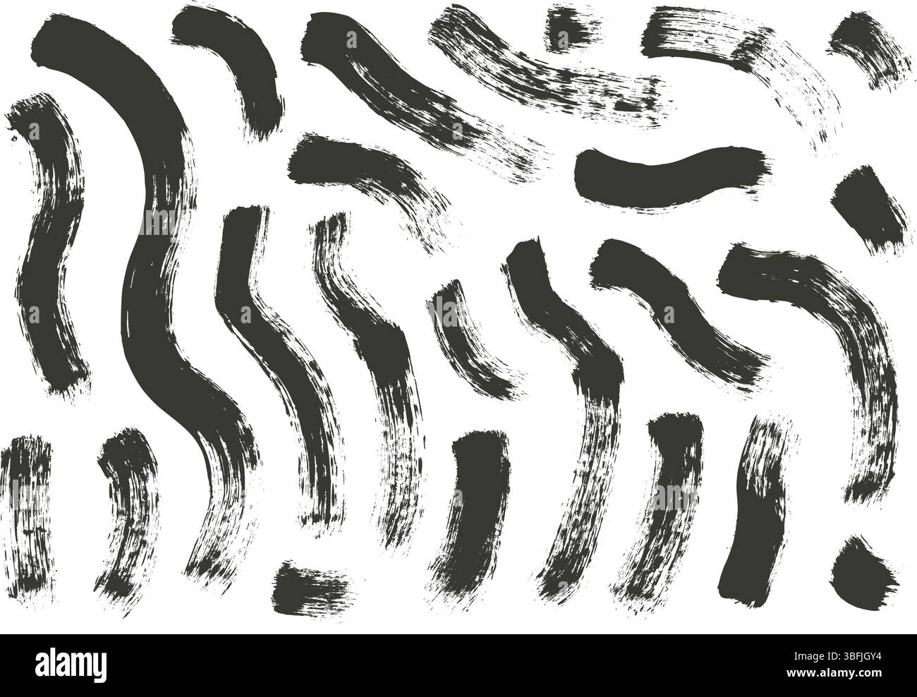 Ink wavy brush stroke lines. Hand drawn black ink vector long shapes ...