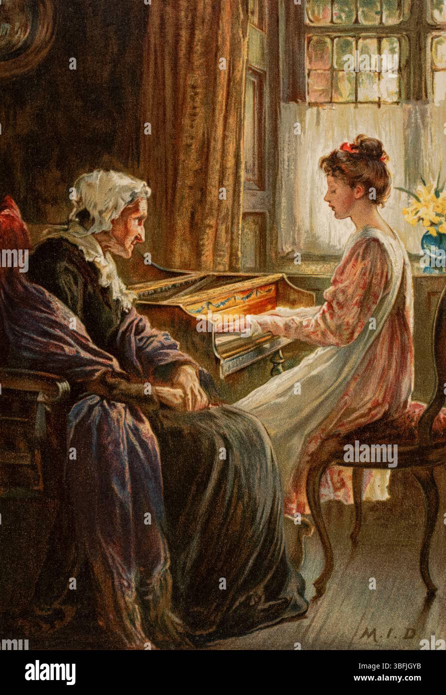 Their Evening Hymn, colour reproduction of young woman playing hymns on ...