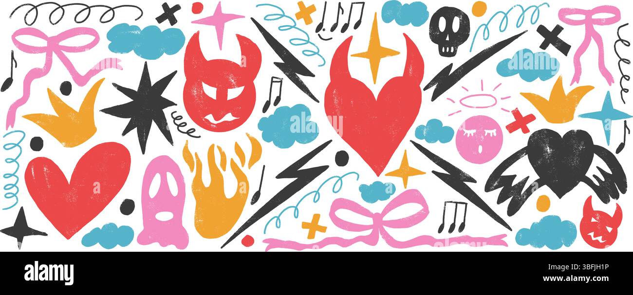 Punk breaking heart multi colors doodles set. Devil and angels wax crayon drawn background ...