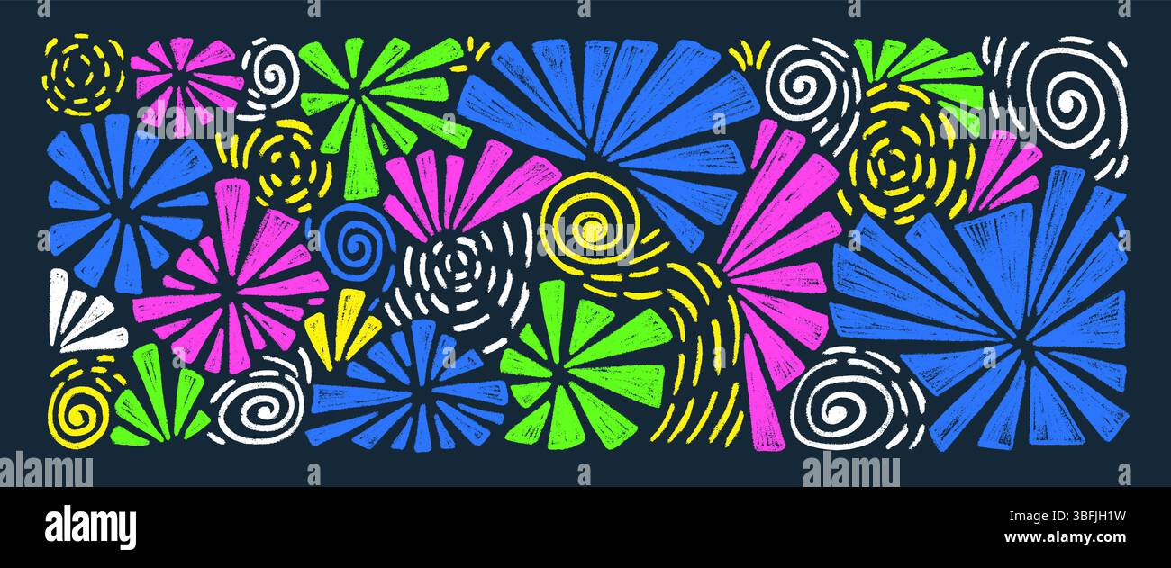 Firework highlights drawing by crayon set. Colorful night party ...