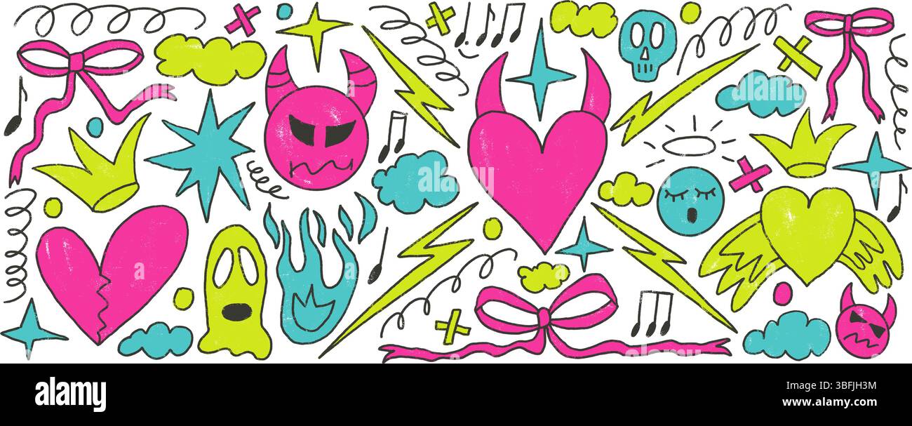 Y2k love doodles set. Devil and angels neon colors crayon drawn ...
