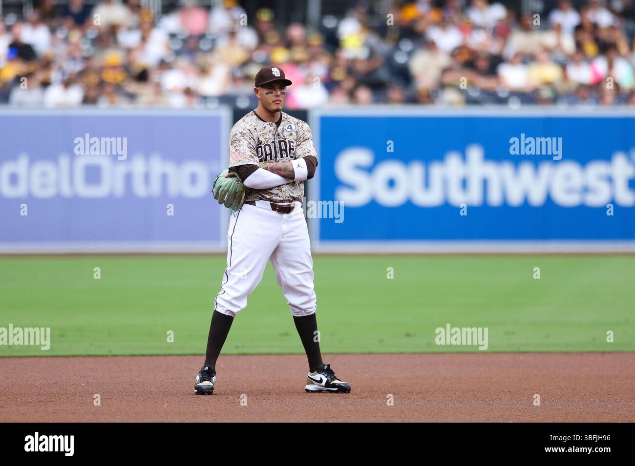 San Diego Padres third baseman Manny Machado looks on during the first ...