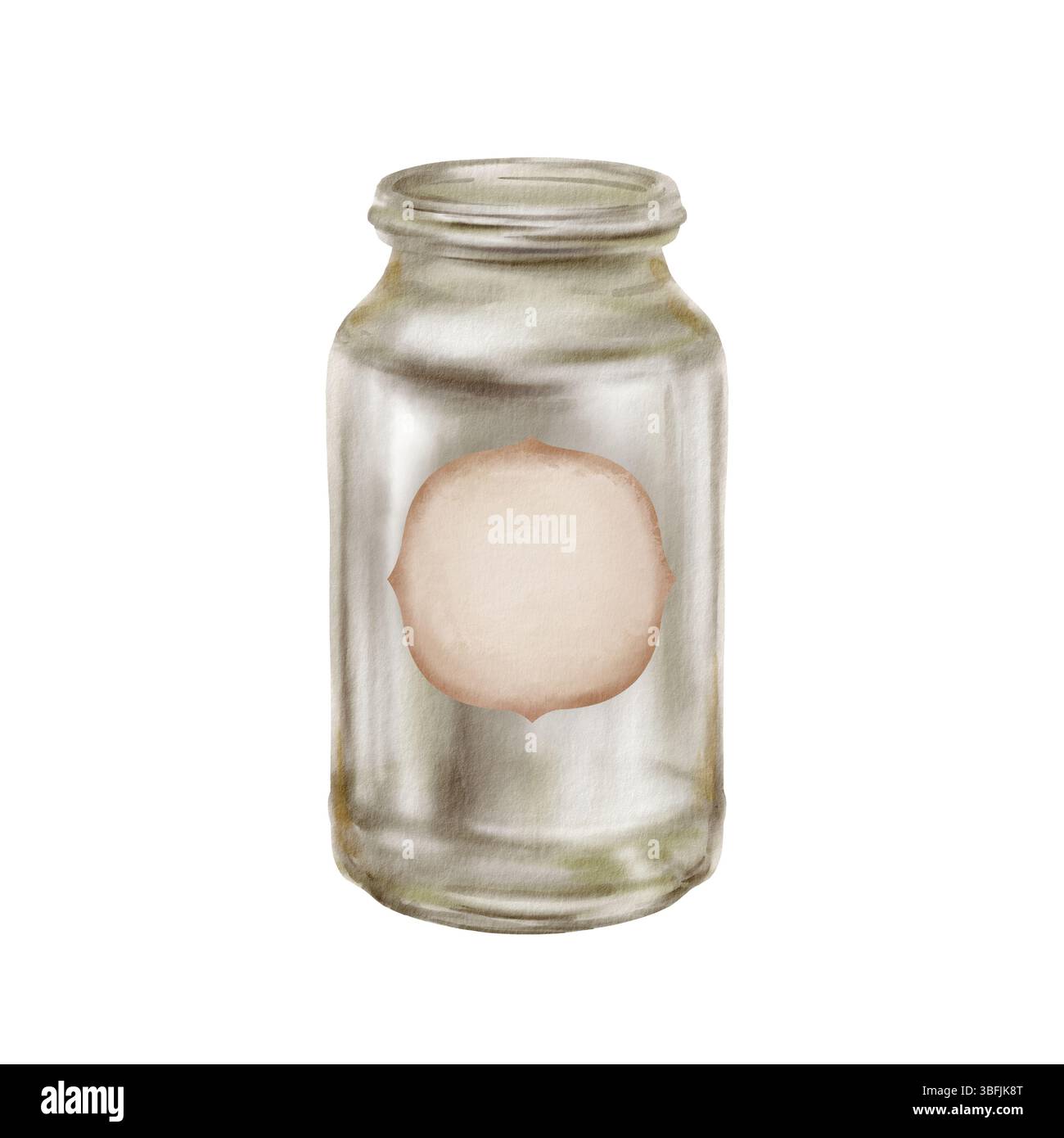 Empty tall glass clear jar with round label without lid green shade ...