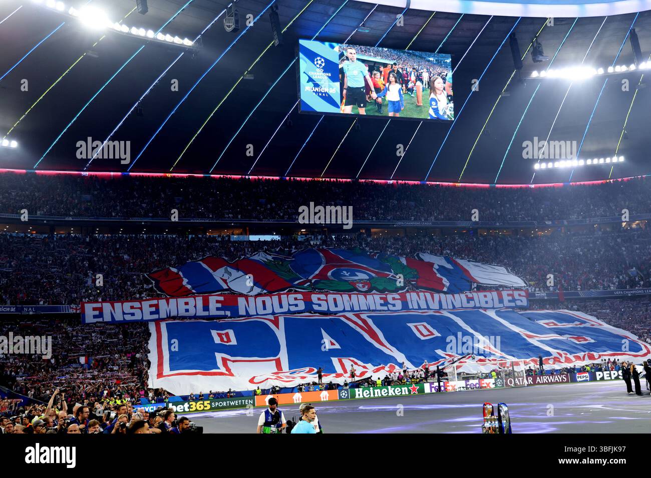 Munich, Germany May 31, 2025: choreography of PSG fans in the stands ...