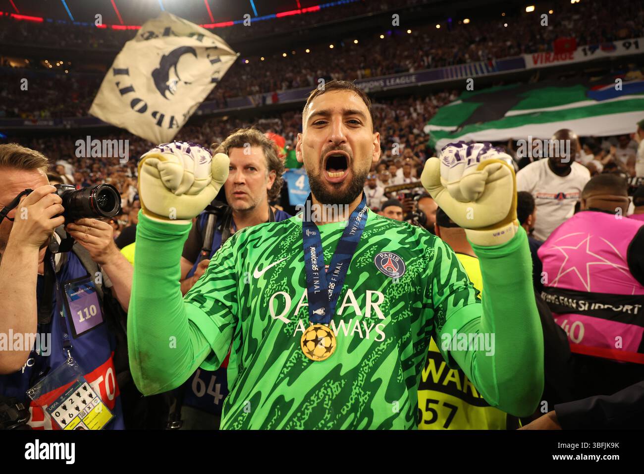 Munich, Germany May 31, 2025: Gigi Donnarumma of Paris celebrate victory at end 2024/2025 UEFA ...