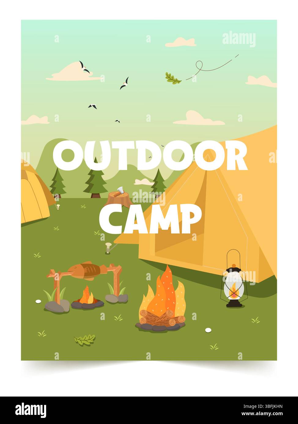 Camping outdoor camp scene with tents, fire, and lanterns. Vector ...