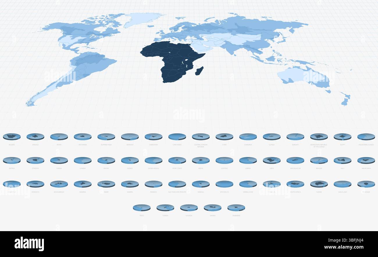 African Country Maps in Circular Isometric Style, Blue Tone. Maps in ...