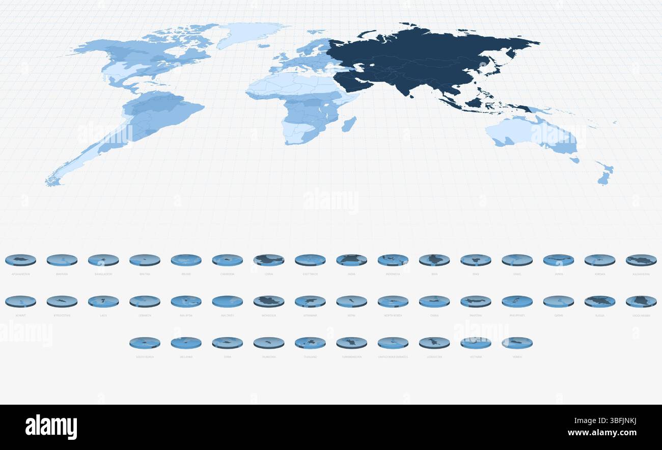 Asian Country Maps in Circular Isometric Style, Blue Tone. Maps in ...