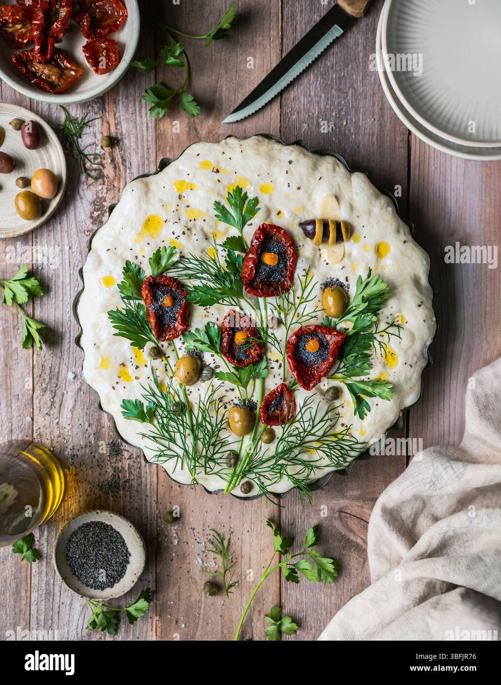 Top view focaccia bread dough decorated with flower design Stock Photo ...
