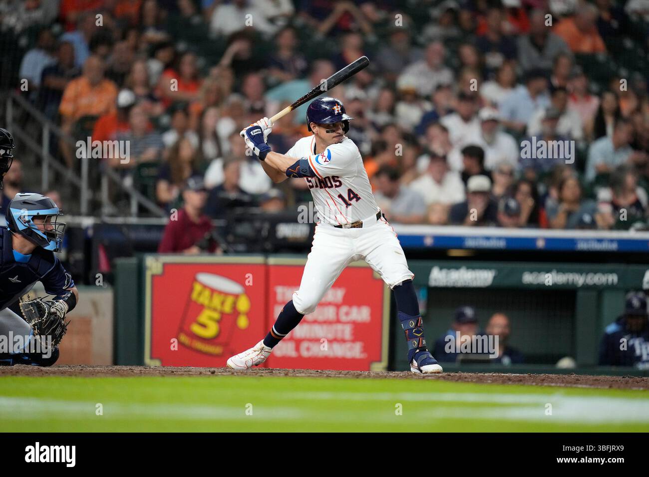 Houston Astros' Mauricio Dubon (14) bats against Tampa Bay Rays starting pitcher Shane Baz ...
