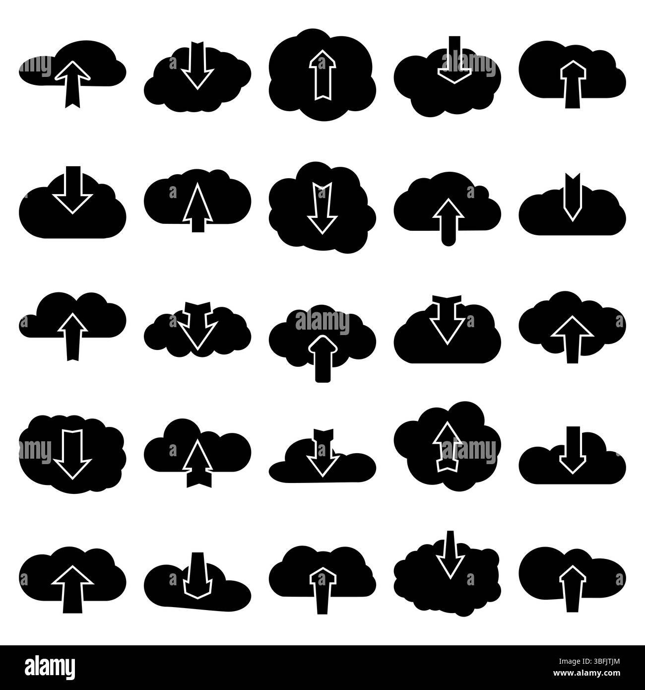 Set of twenty five black and white upload and download clouds icons. Vector illustration Stock ...