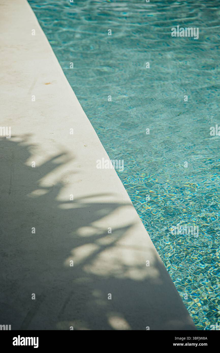 Palm shadows cast on poolside deck beside turquoise pool water Stock ...