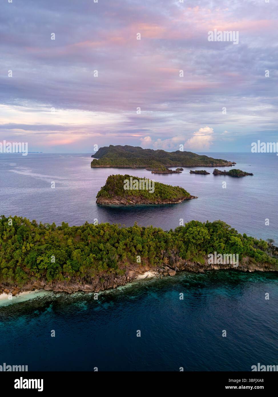 Aerial view of lush island and coral reef in Raja Ampat at sunset Stock ...