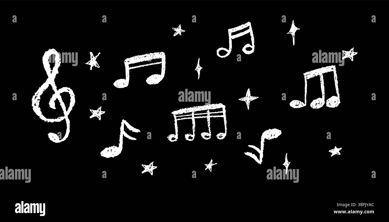 Vector illustration of white music notes and stars in charcoal scribble ...
