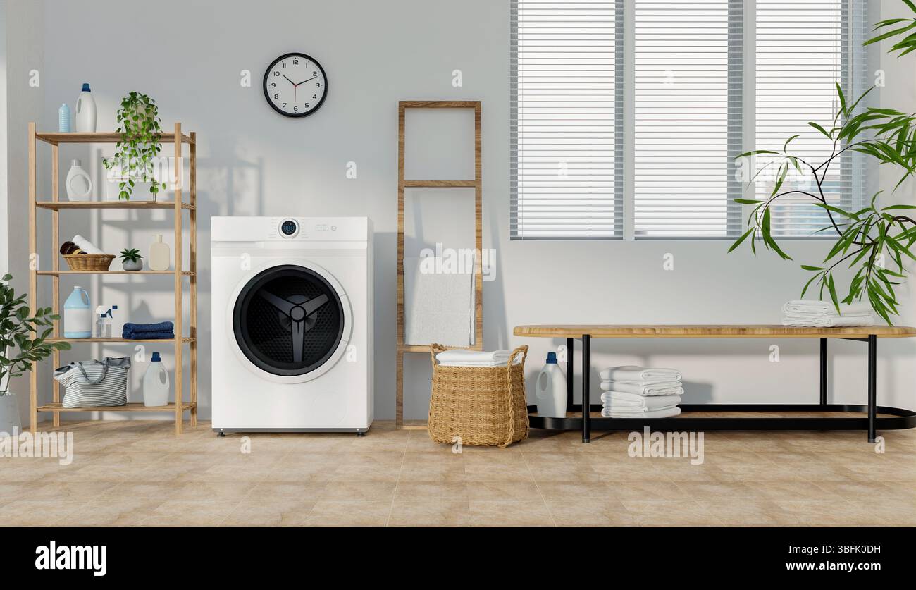 Laundry room design with modern appliances and organizational elements ...