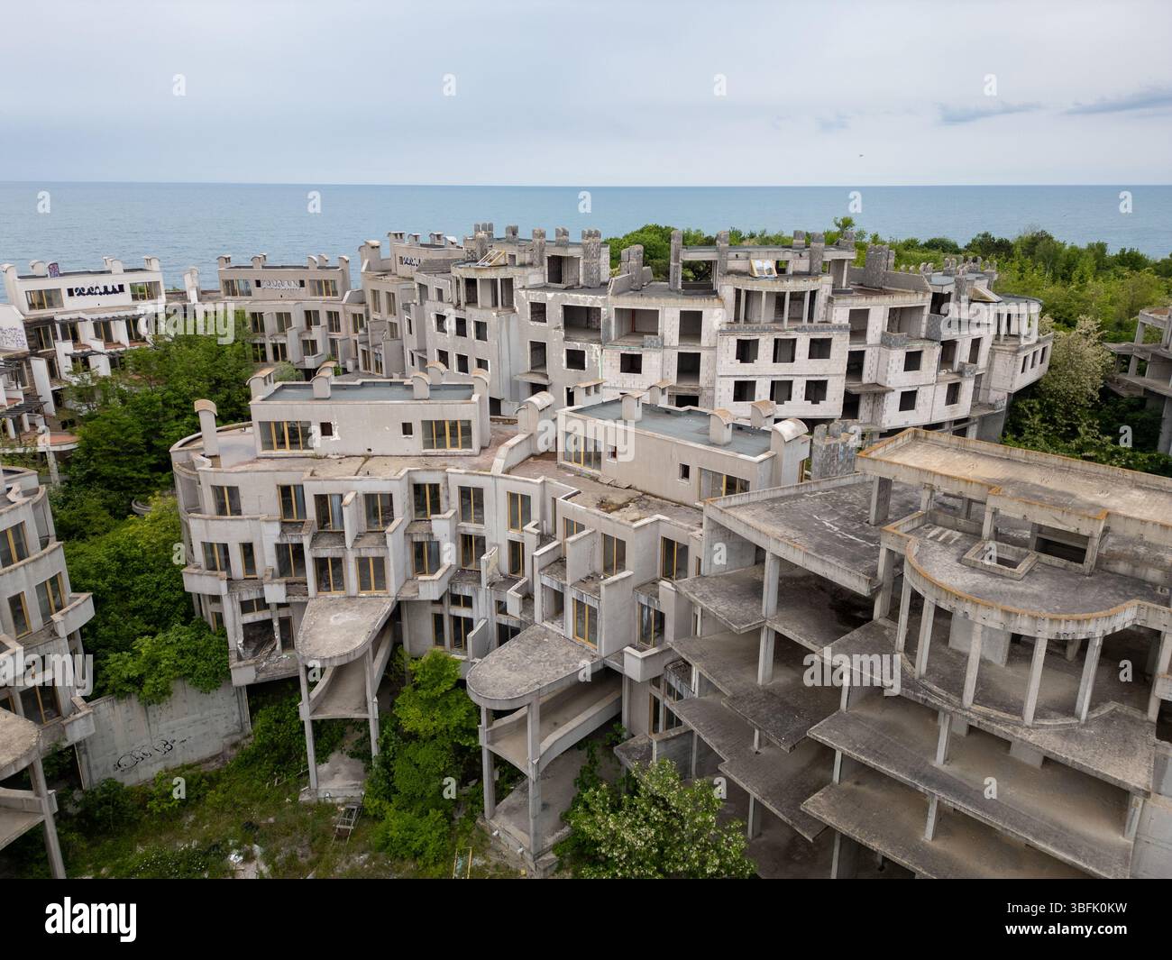 Abandoned hotel complex in Tsarevo, Bulgaria. Aerial view of decaying ...