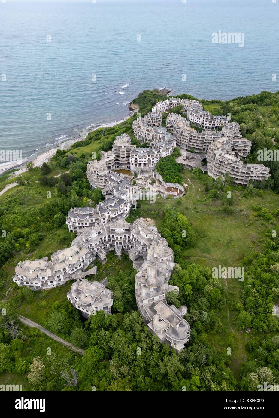 Abandoned hotel complex in Tsarevo, Bulgaria. Aerial view of decaying ...