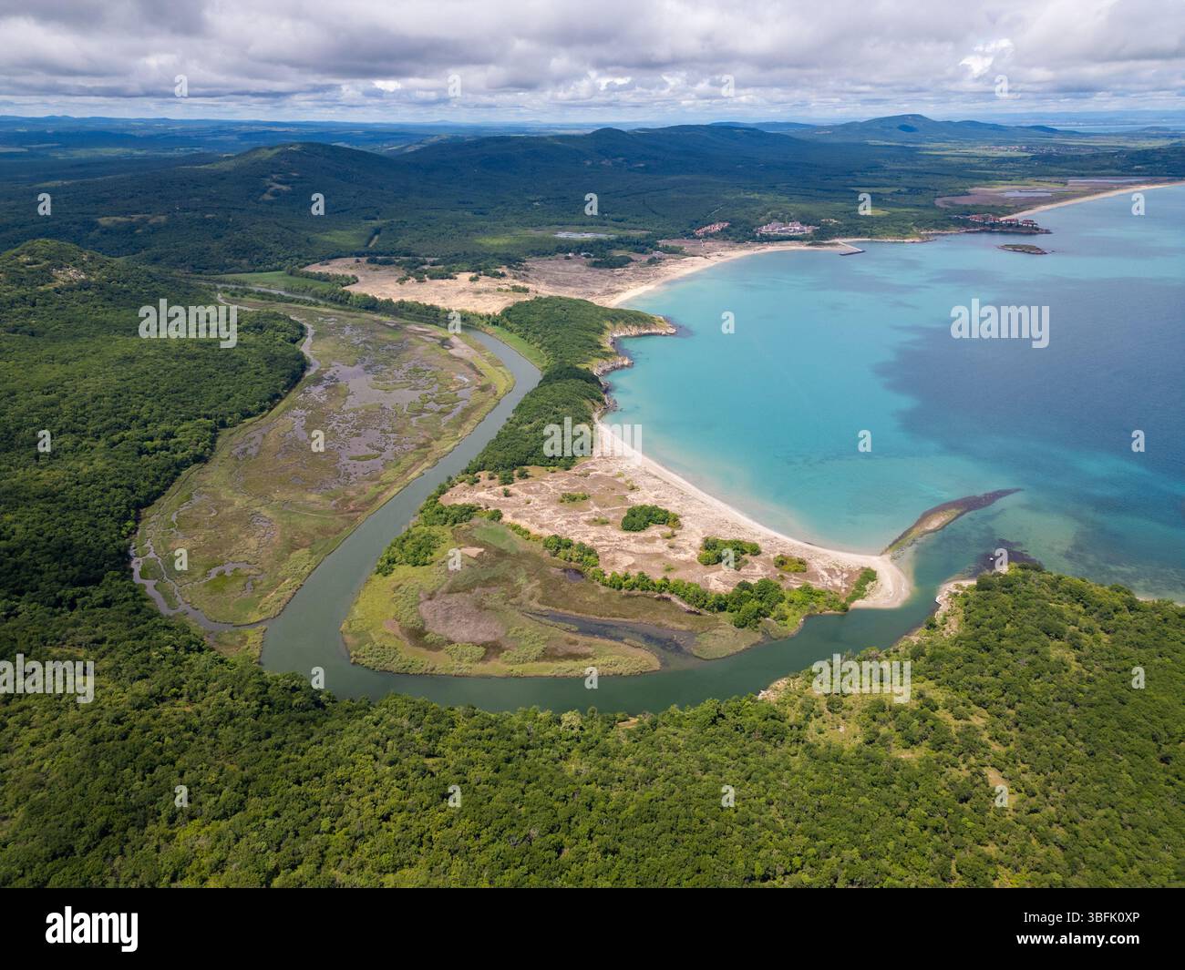 Aerial view of the Ropotamo river mouth in Bulgaria, where the river ...