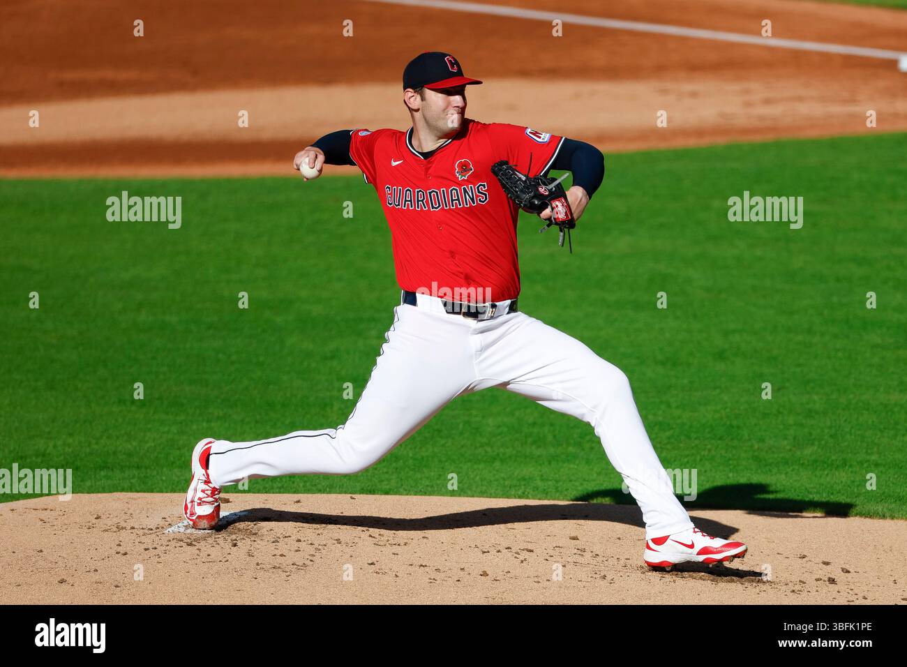 Gavin Williams #32 of the Cleveland Guardians throws a pitch during a ...