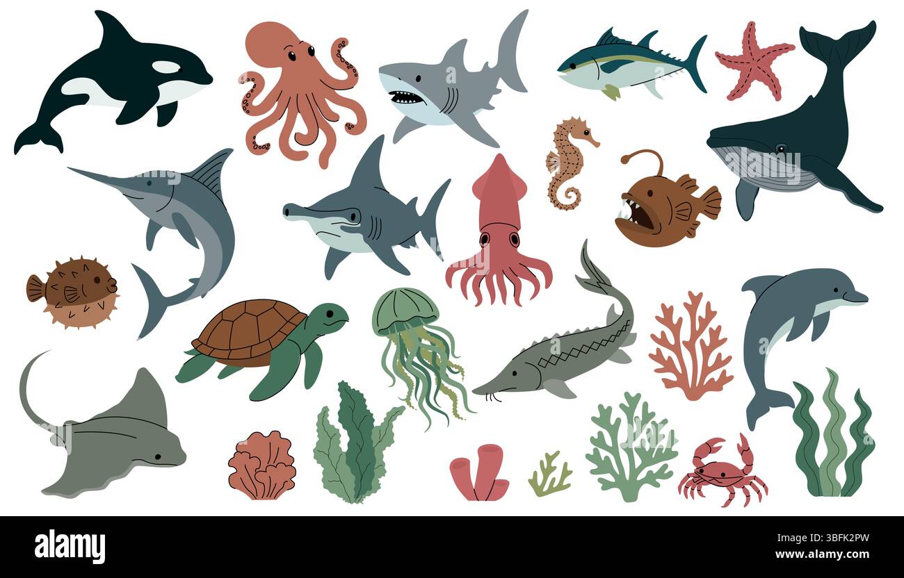 Collection of sea animals and ocean plants in flat cartoon style ...