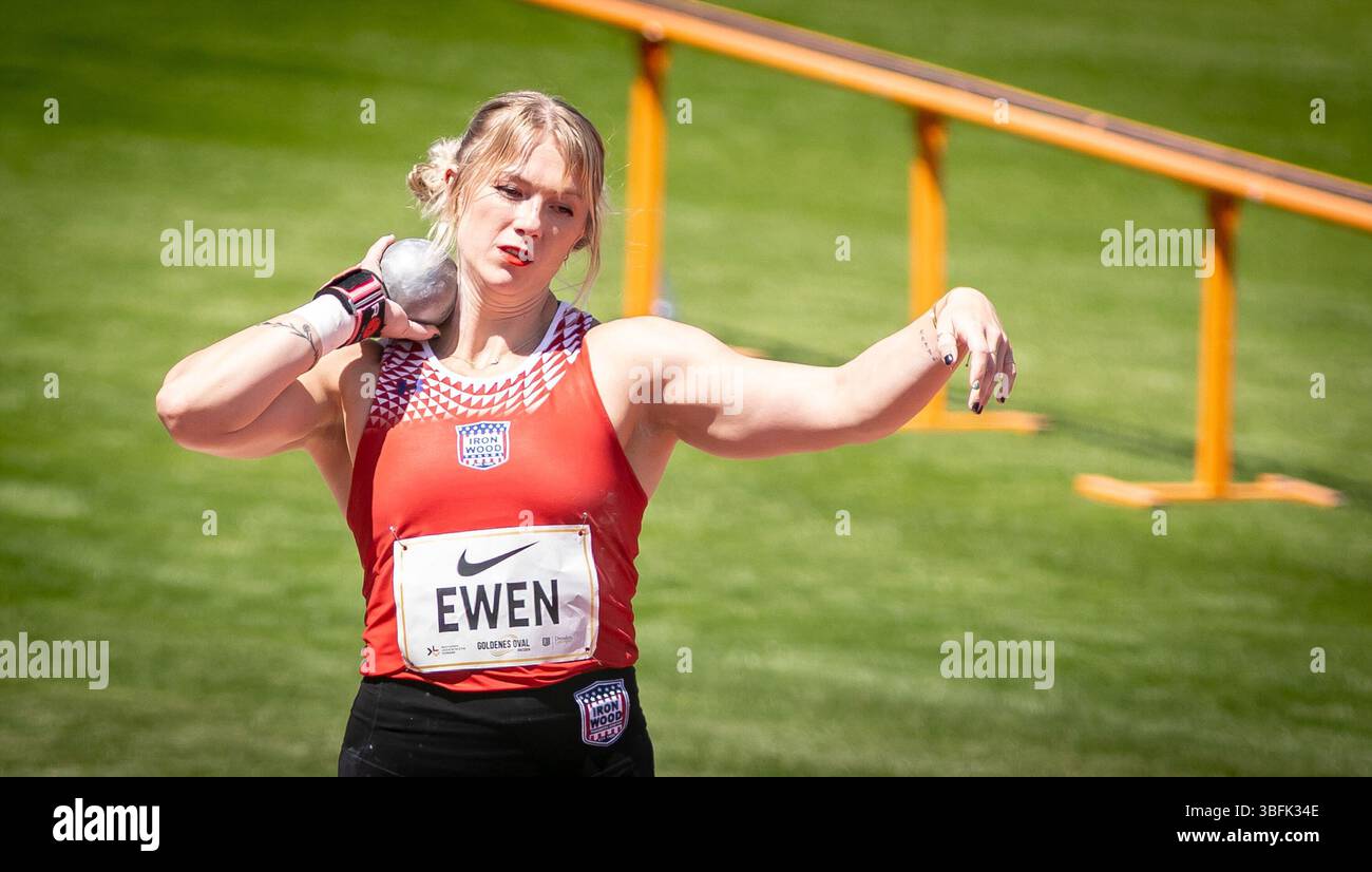 Dresden, Deutschland. 01st June, 2025. Maggie EWEN (USA) im Kugelsto?en; Leichtathletik-Meeting ...