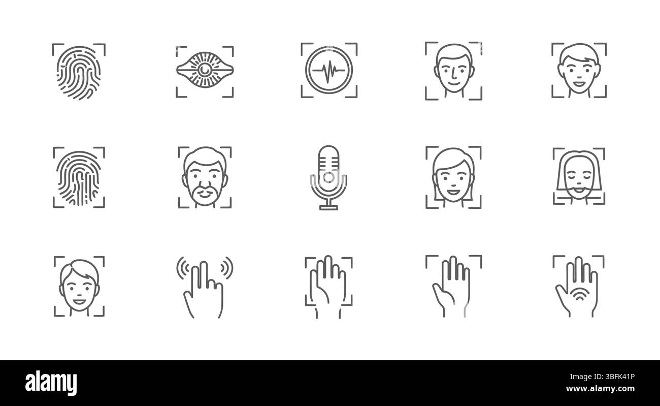 Biometrics Icon Set – Fingerprint, Face Recognition, Security, and Authentication Symbols Stock ...