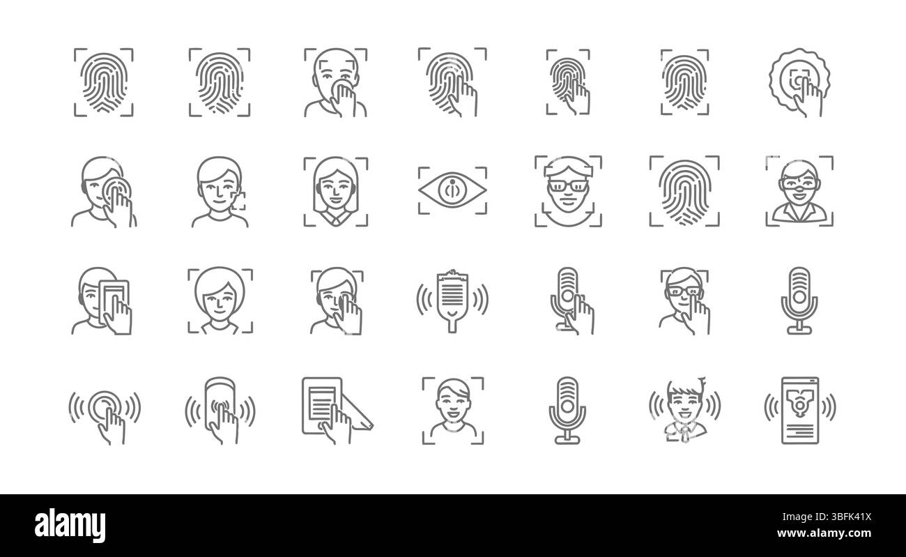 Biometrics Icon Set – Fingerprint, Face Recognition, Security, and Authentication Symbols Stock ...