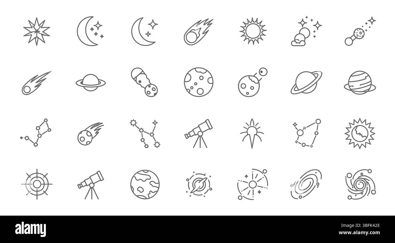 Astronomy Icon Set – Space, Planets, Stars, and Celestial Symbols Stock ...