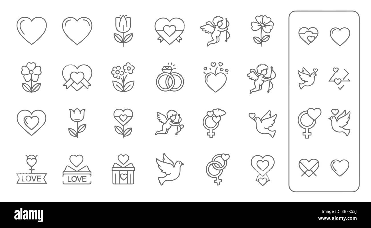Love Icon Set – Romance, Heart, Relationship, and Valentine Symbols ...