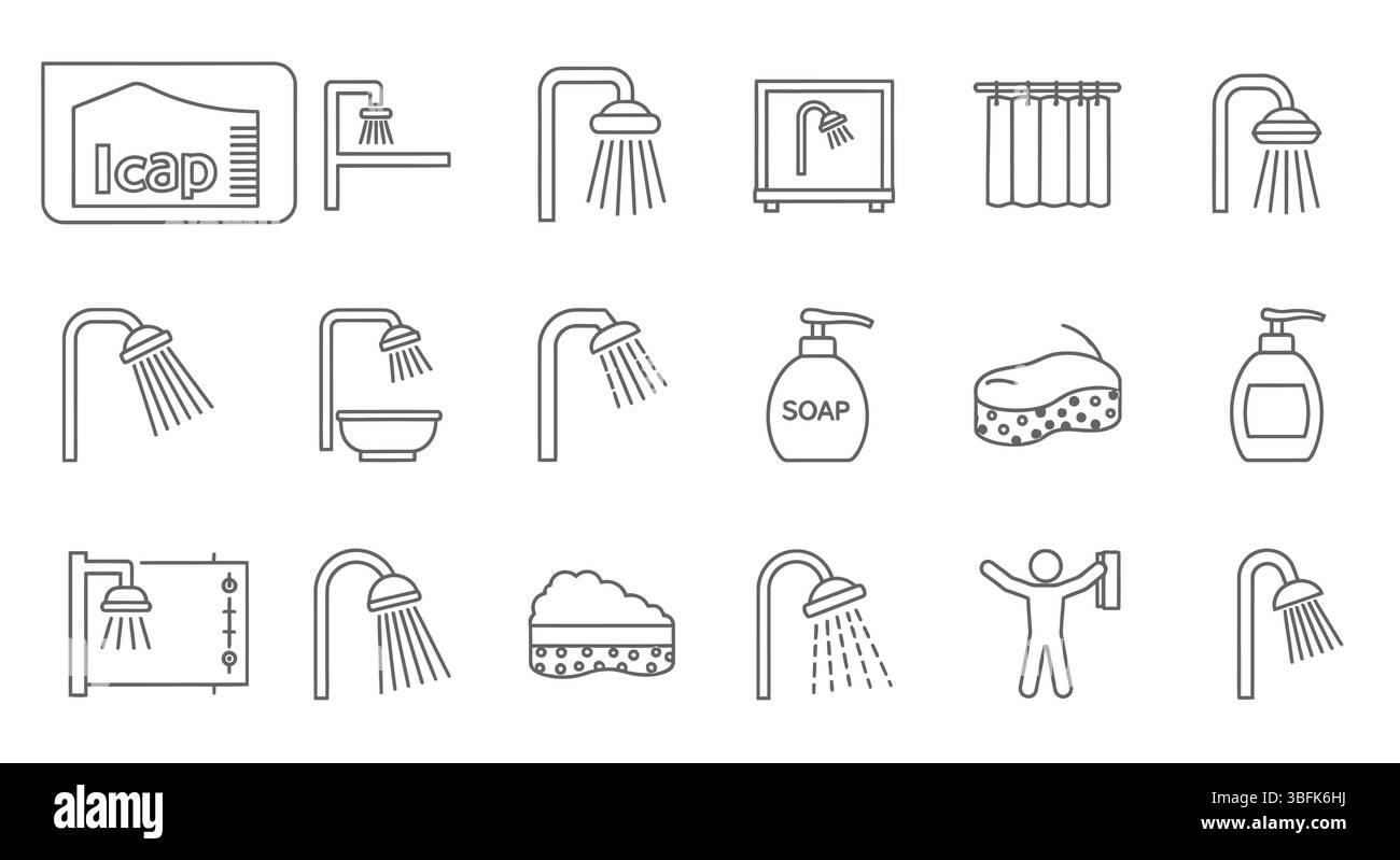 Shower Icon Set – Bathroom, Hygiene, Water, and Cleaning Symbols Stock ...
