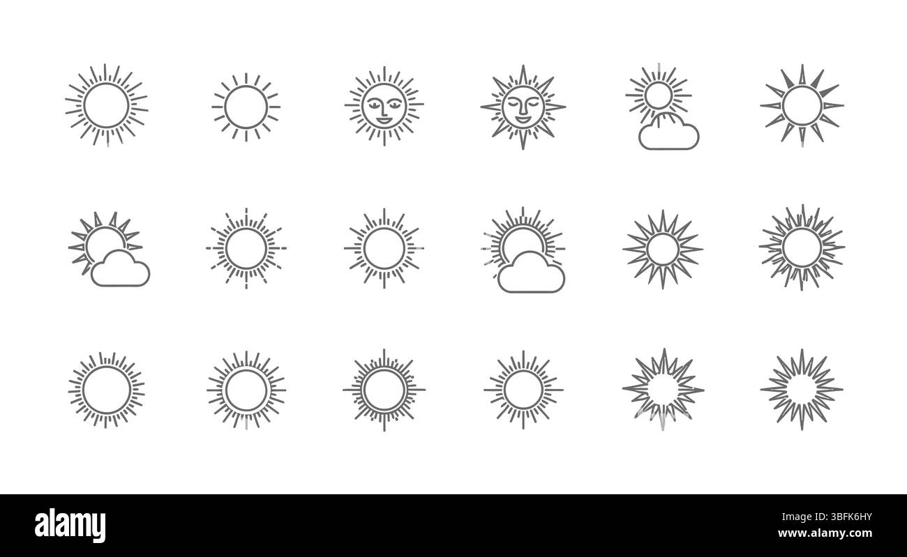 Sun Icon Set – Sunshine, Brightness, Daylight, and Energy Symbols Stock ...
