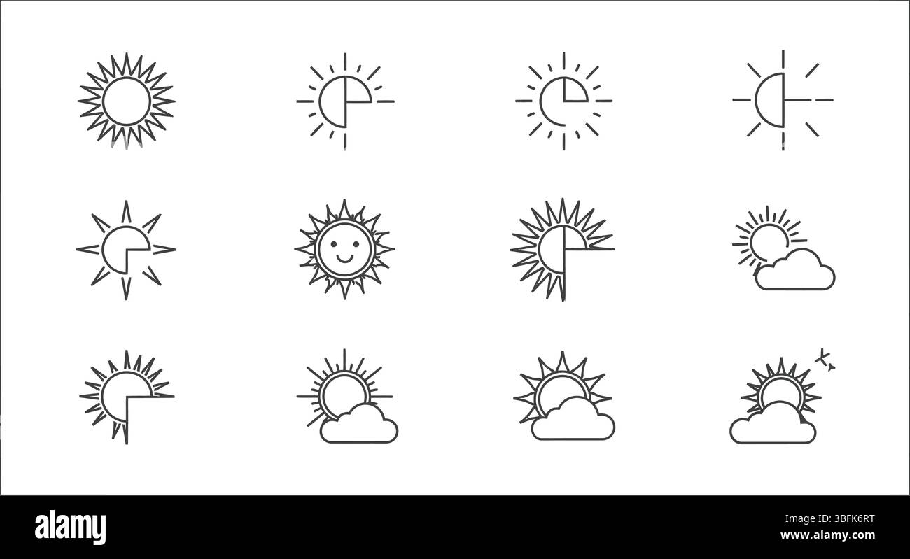 Sun Icon Set – Sunshine, Brightness, Daylight, and Energy Symbols Stock ...