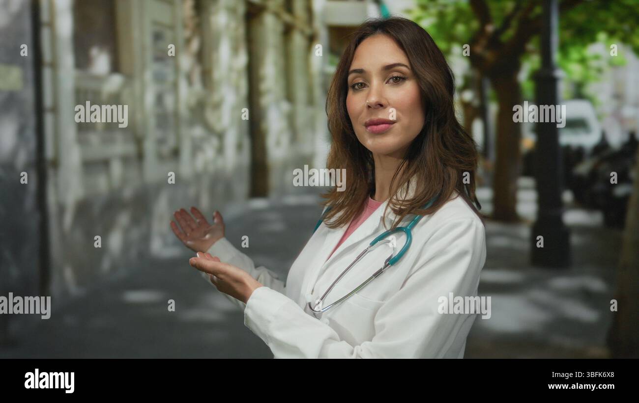 Young hispanic woman doctor with stethoscope pointing her hands on a ...