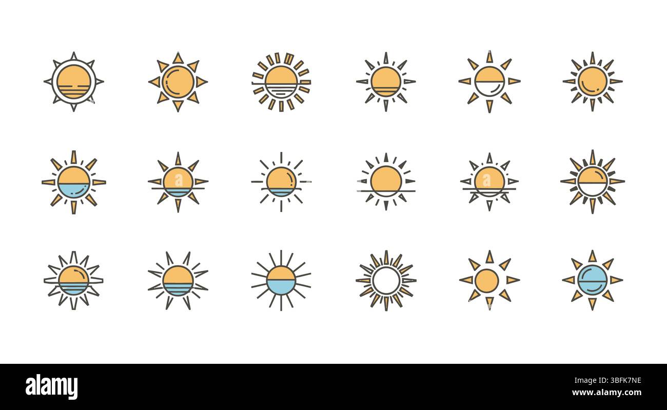 Sun Icon Set – Sunshine, Brightness, Daylight, and Energy Symbols Stock ...