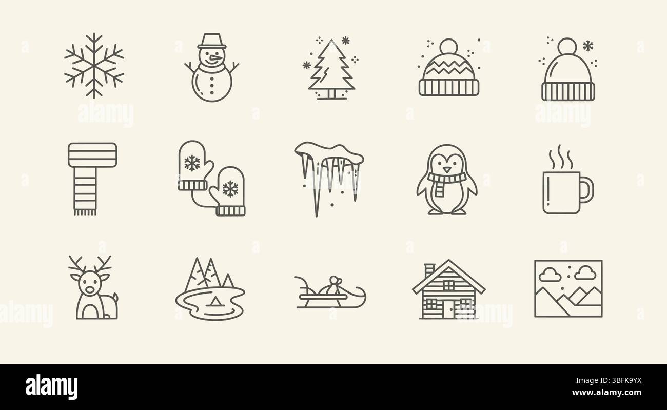 Minimal Linear Winter Icons Set – Outline Style Vector Collection of ...